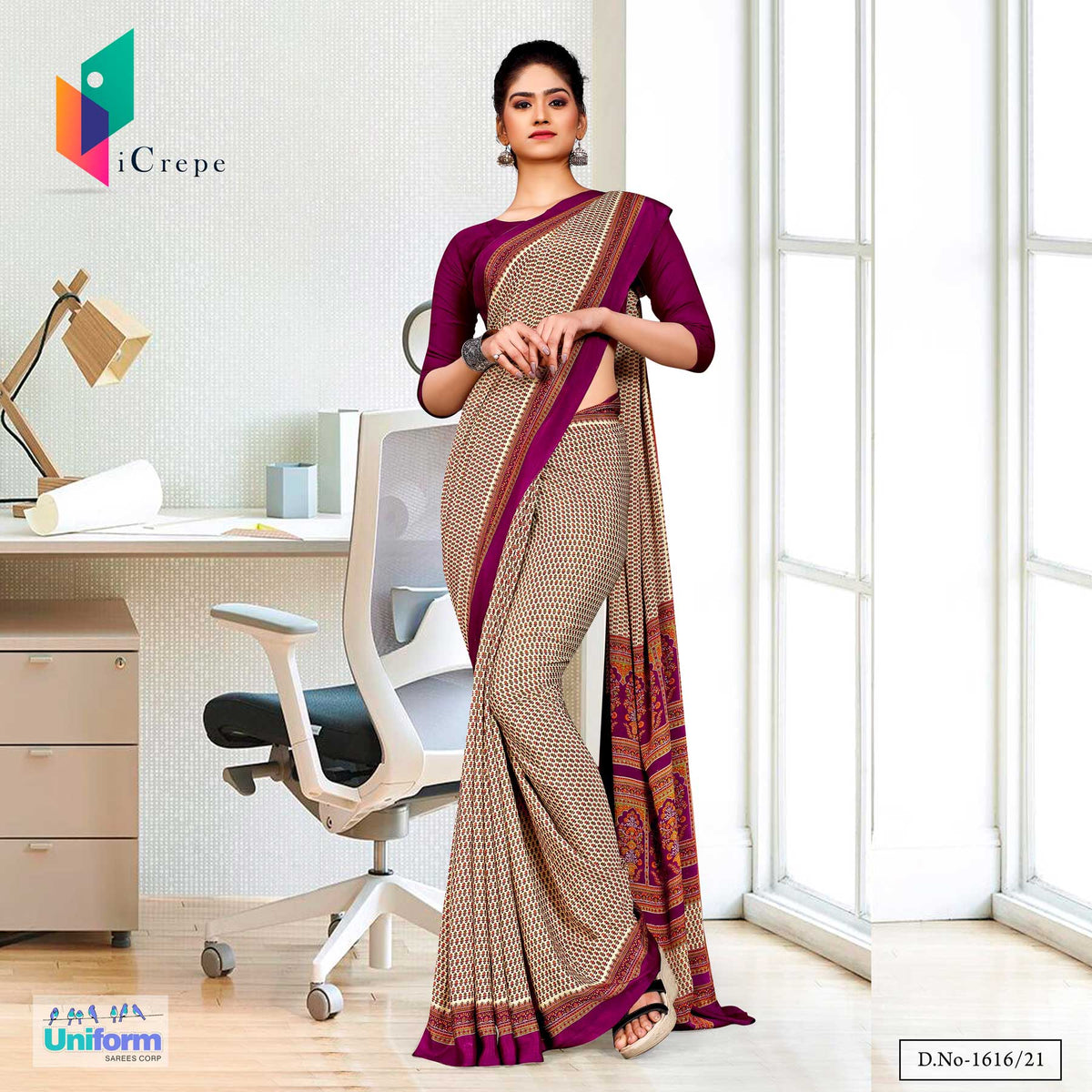 Beige Wine Small Print Premium Italian Silk Crepe Uniform Sarees For S