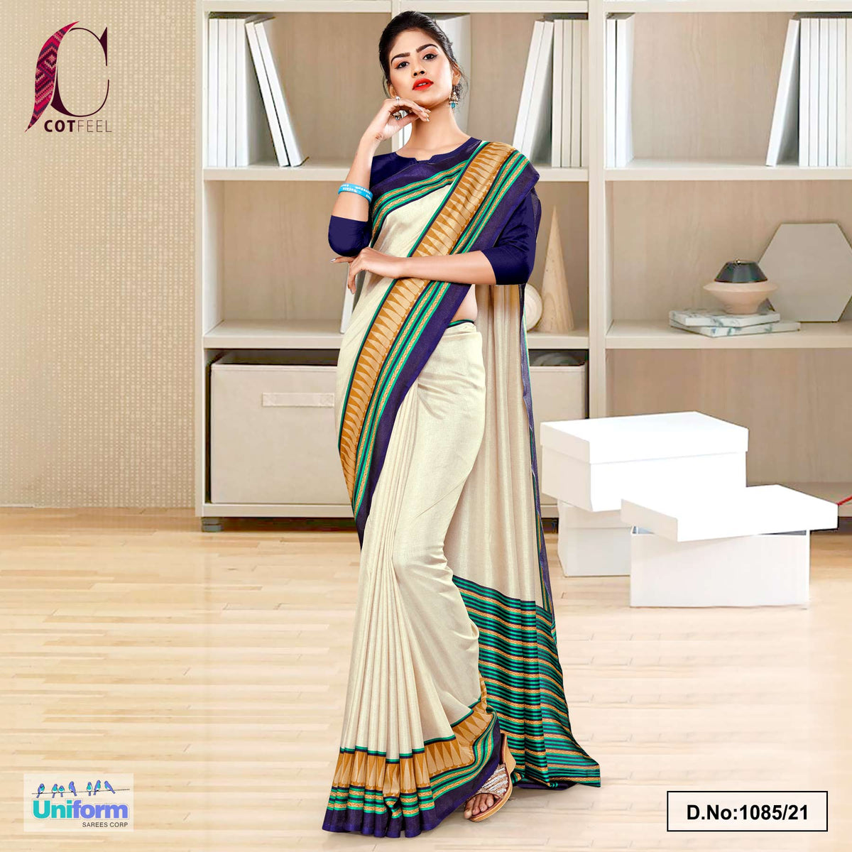 Cream Navy Blue Plain Gala Border Polycotton Cotfeel Saree For Showroo ...