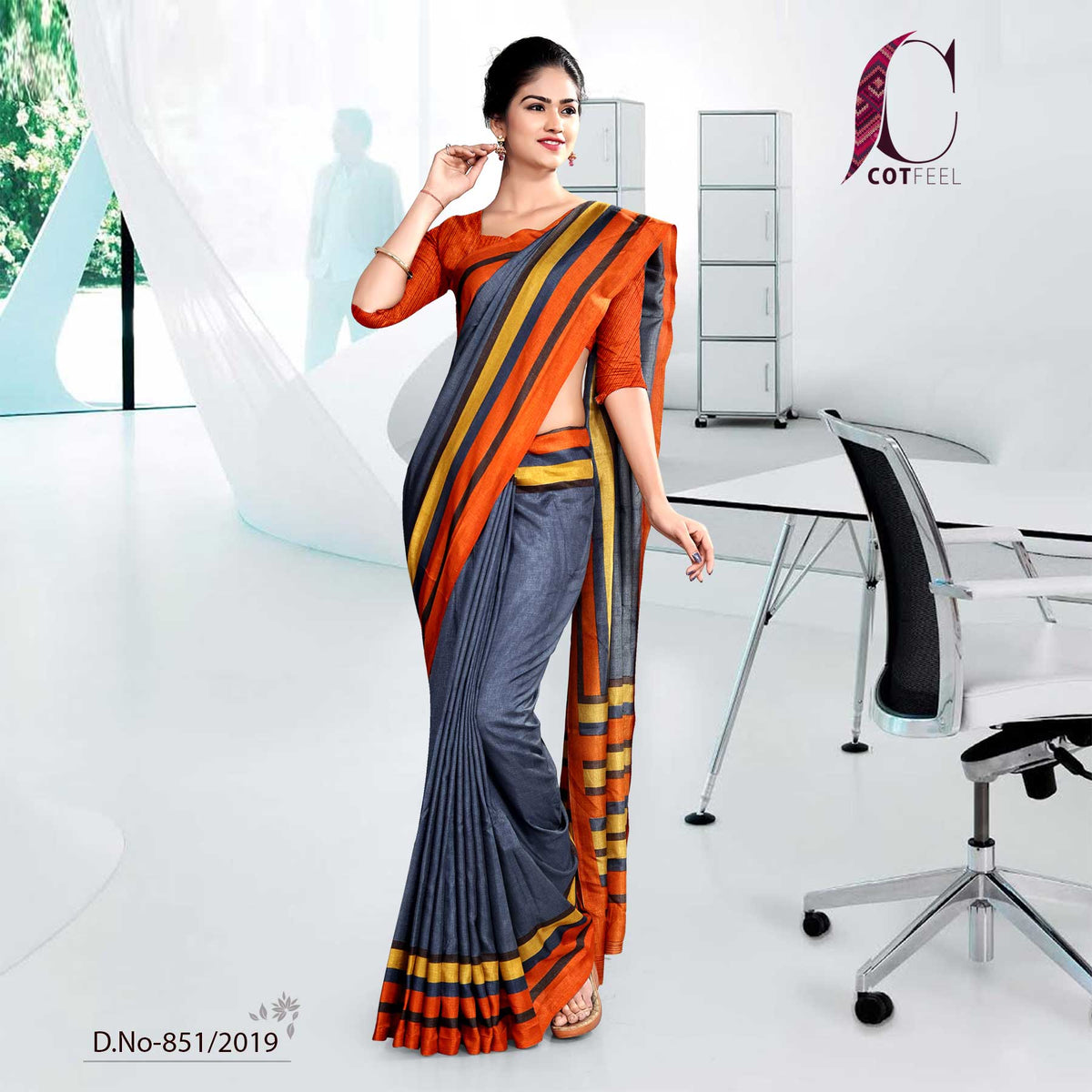 Grey And Orange Cotton Corporate Uniform Saree– Uniform Sarees