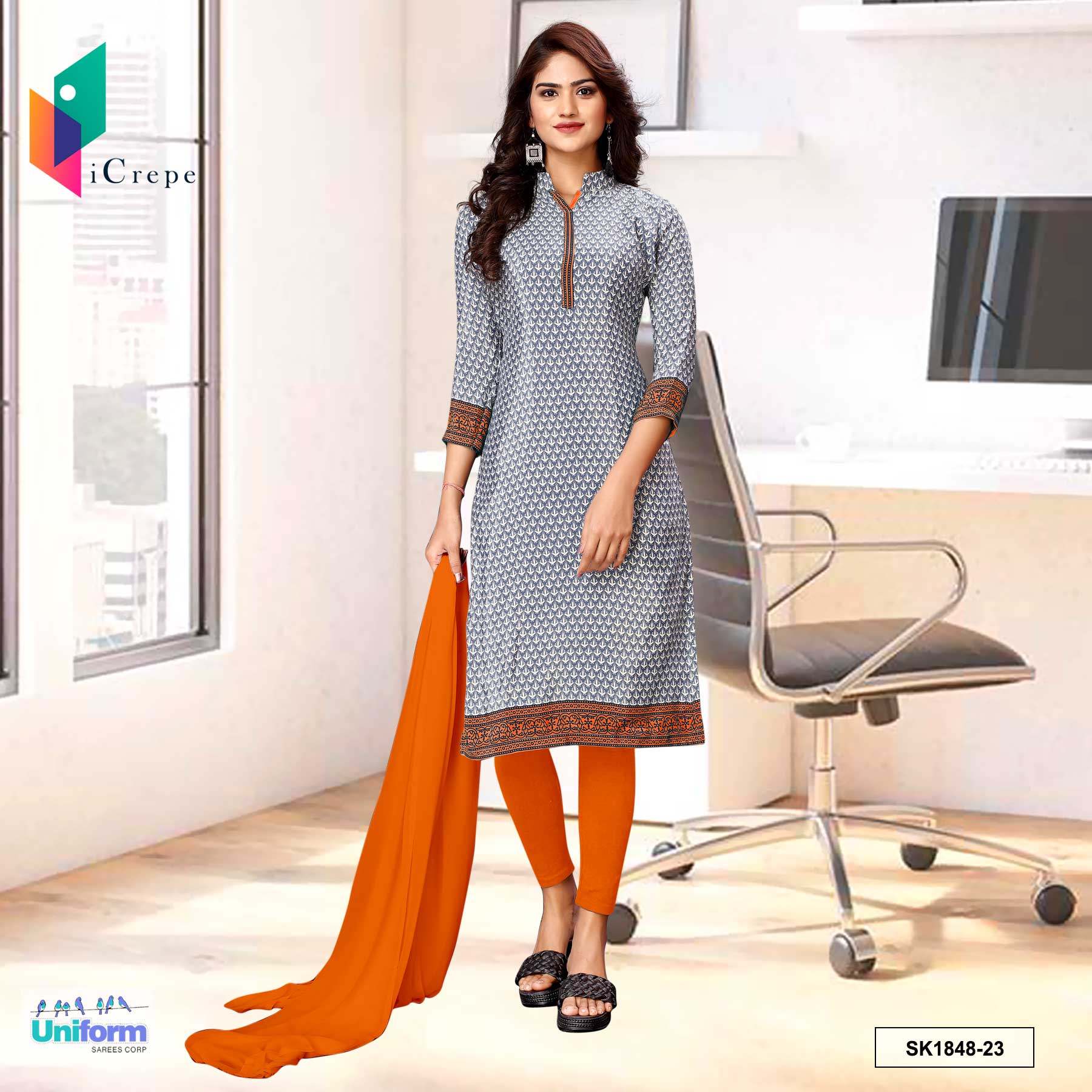 Gray and Orange Women's Premium Silk Crepe Small Print Vintage Teacher ...