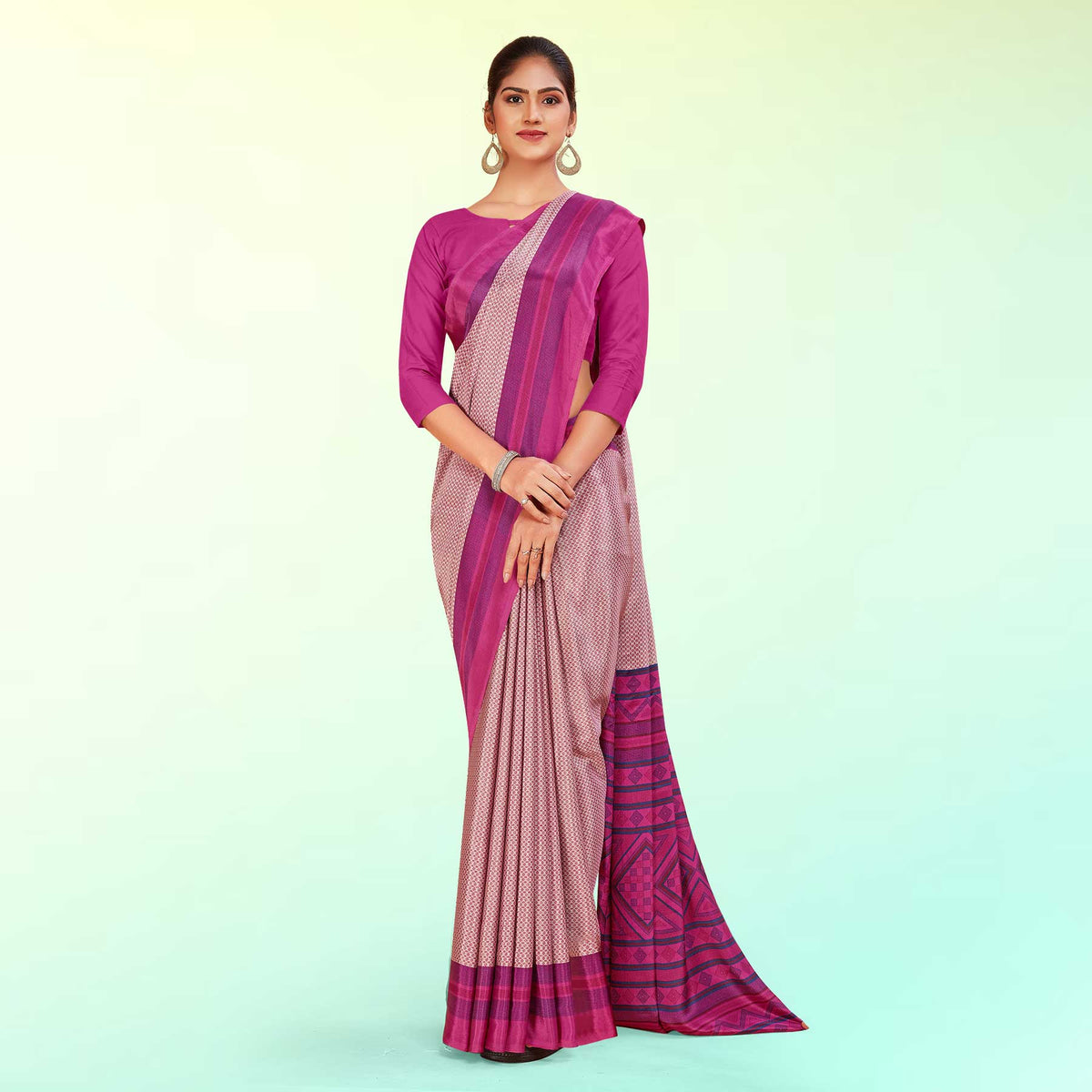 Women's Premium Silk Chiffon EverGreen Housekeeping Uniform Sarees With ...
