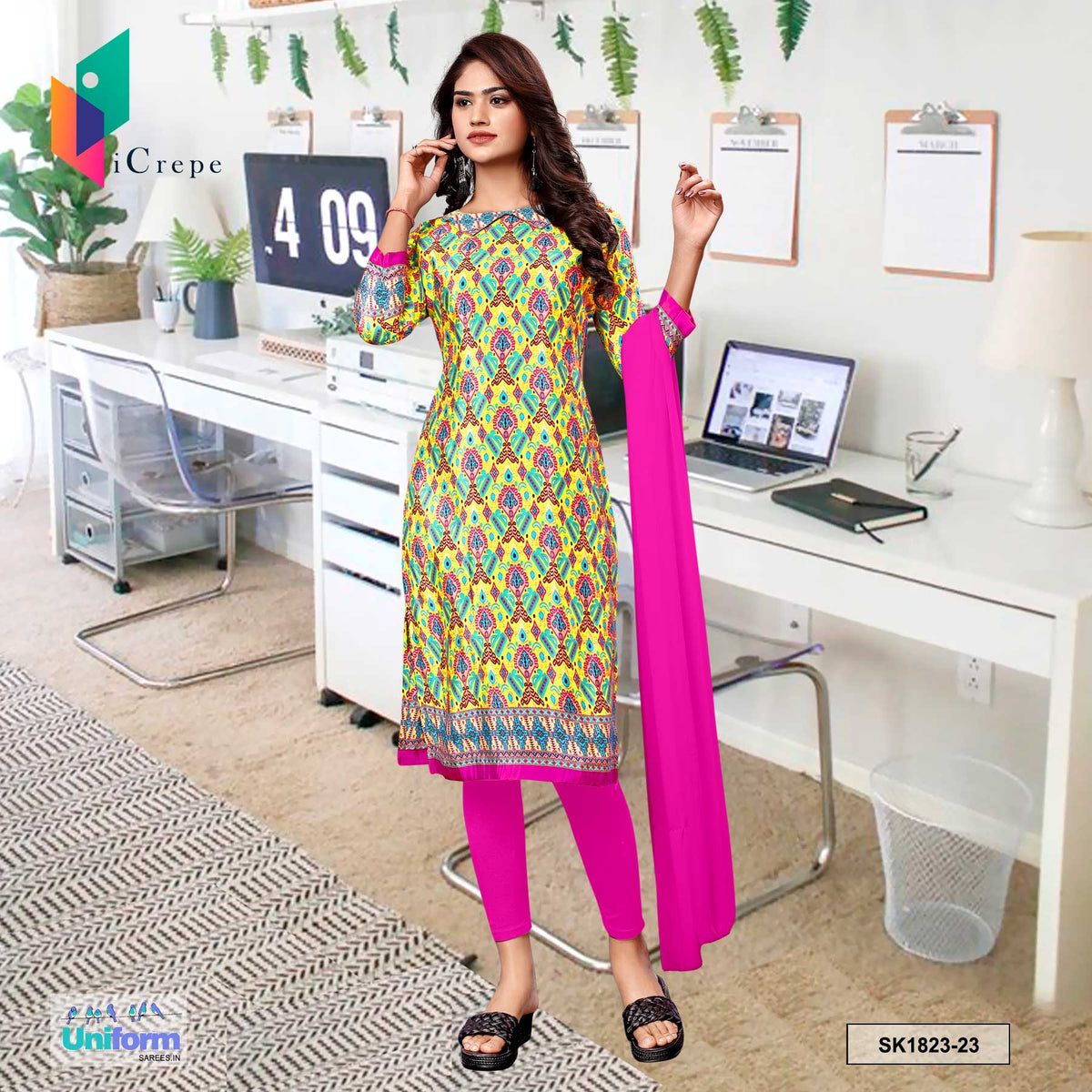 Neon Yellow and Pink Women's Premium Italian Silk Ikat Print Employees ...