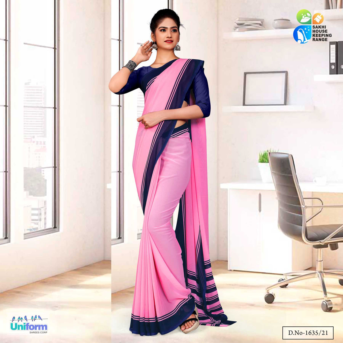 Pink Blue Premium Georgette Plain Border Housekeeping Uniform Sarees F