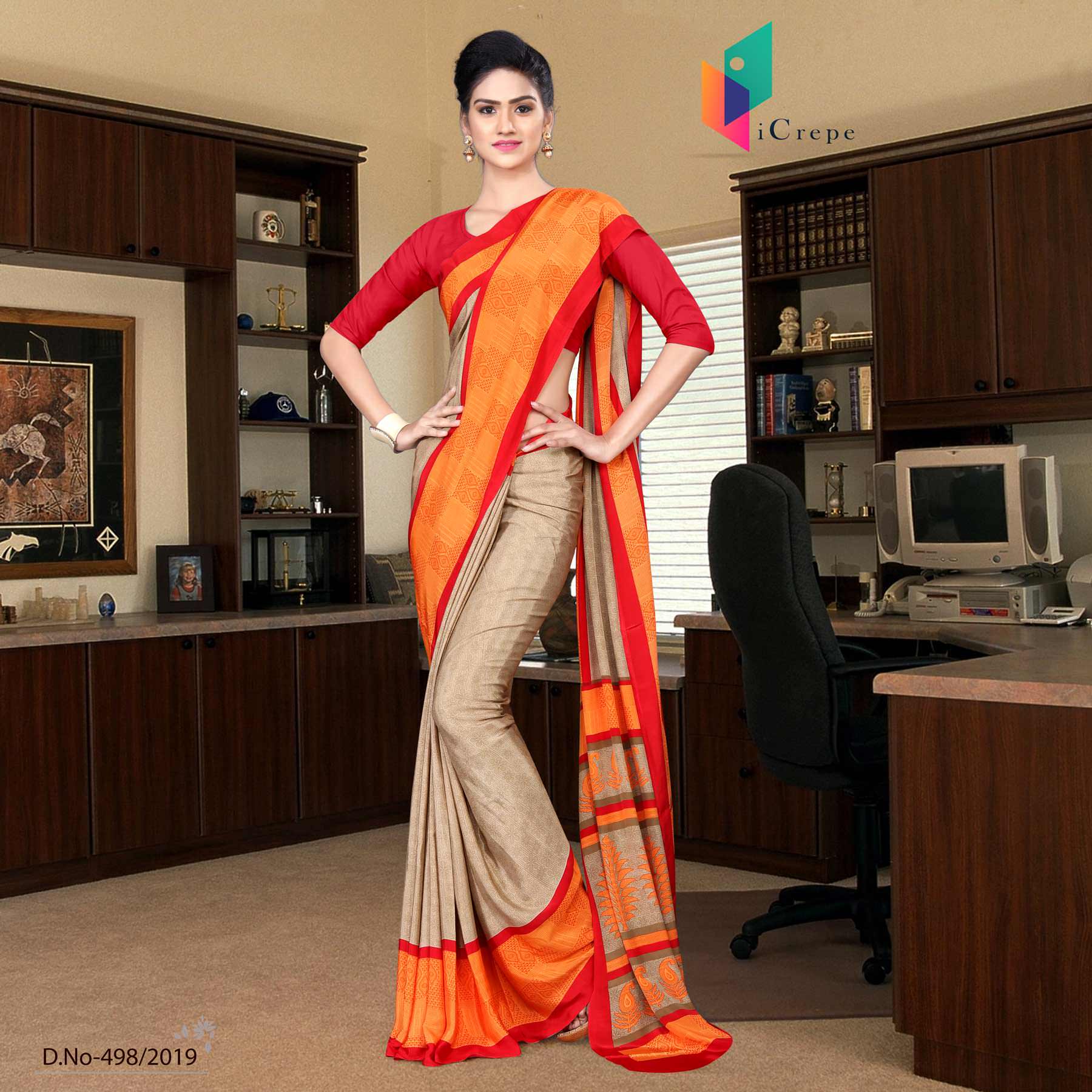 Brown And Red Italian Crepe Silk House Keeping Uniform Saree– Uniform ...