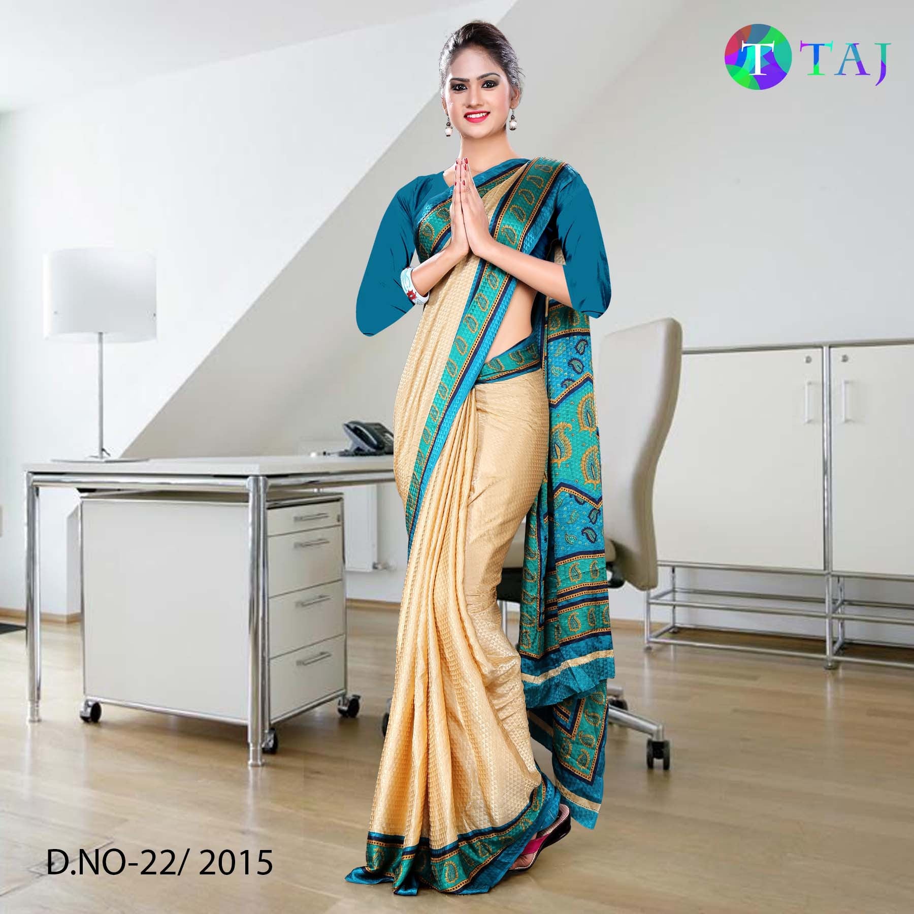 Beige and Green Women's Premium Jacquard Crepe Hotel Taj Uniform Saree ...