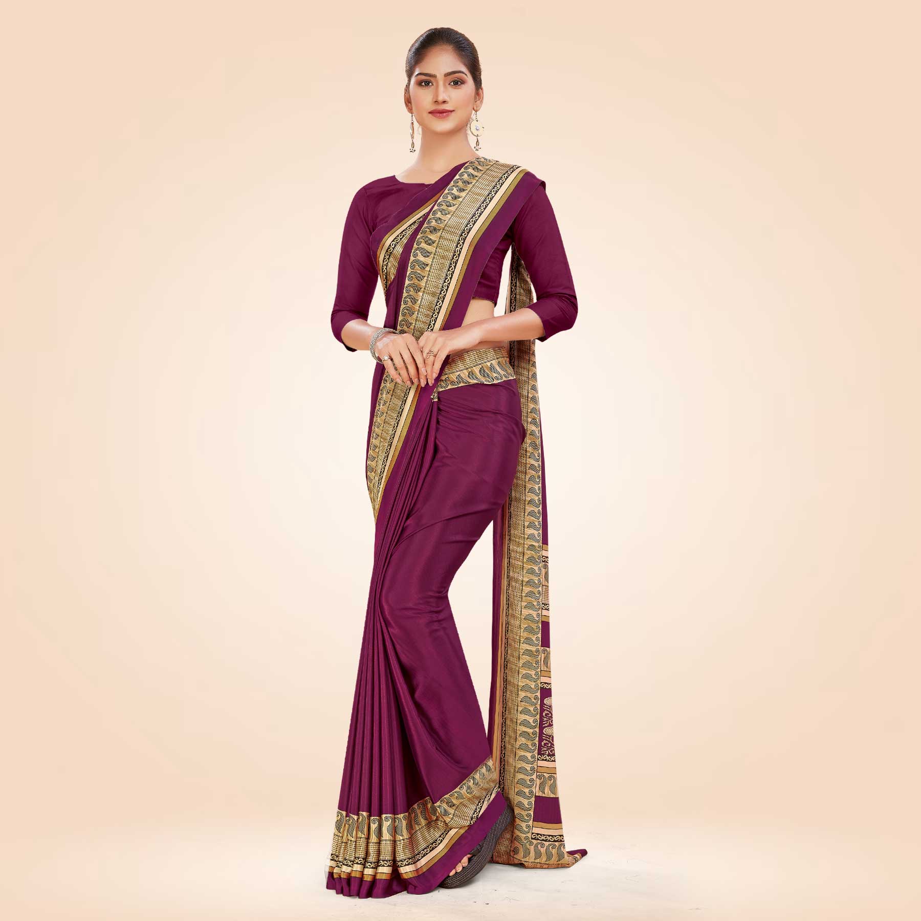 Women's Premium Italian Silk Plain Gaala Border Staff Uniform Saree ...