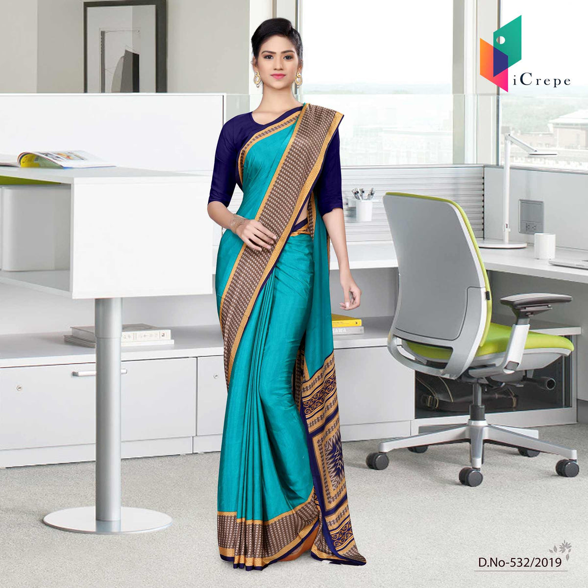 Dark Blue And Blue Italian Crepe Silk House Keeping Uniform Saree ...